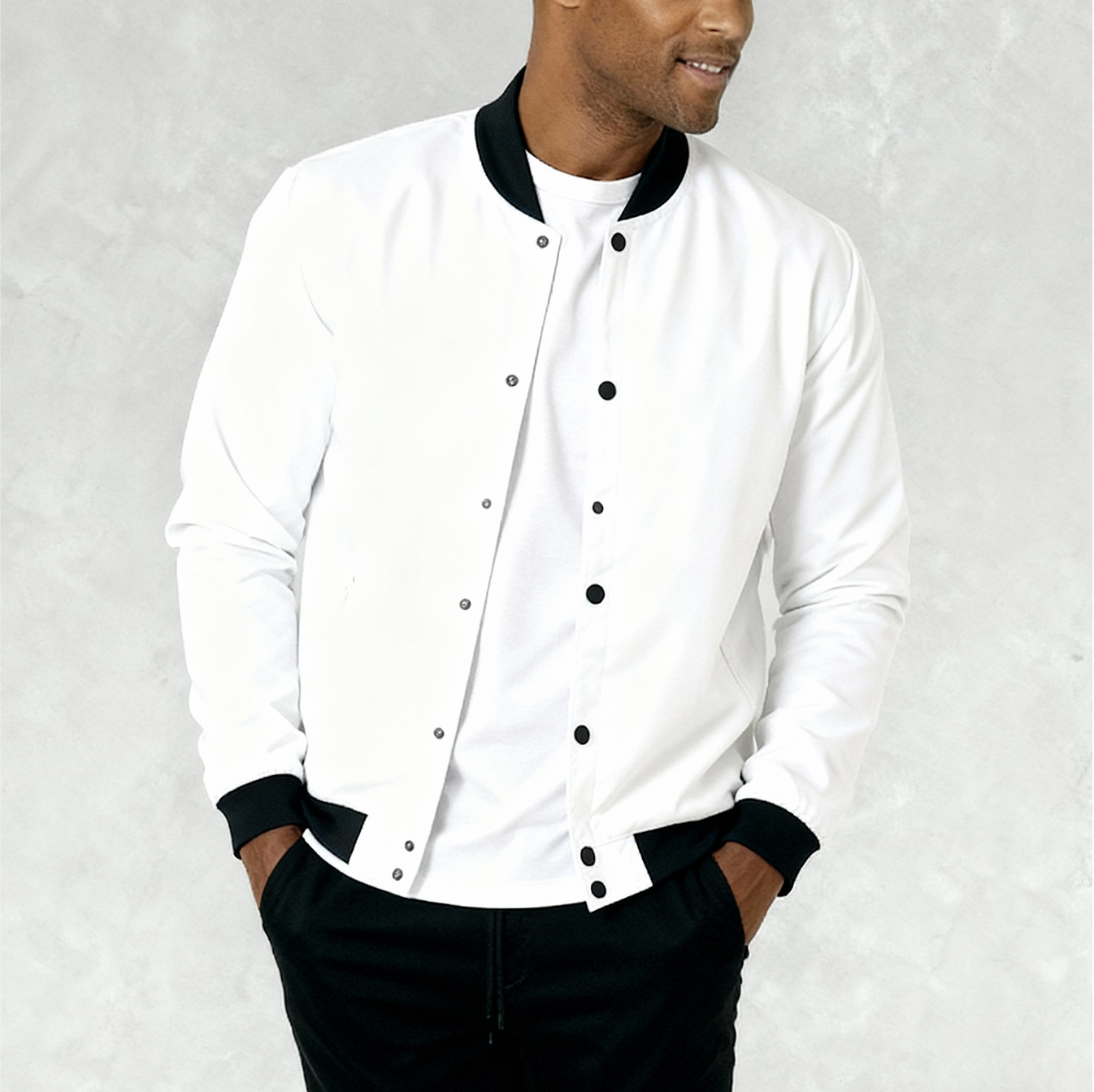 Men's lightweight bomber jacket with snaps, white – Claim Defame