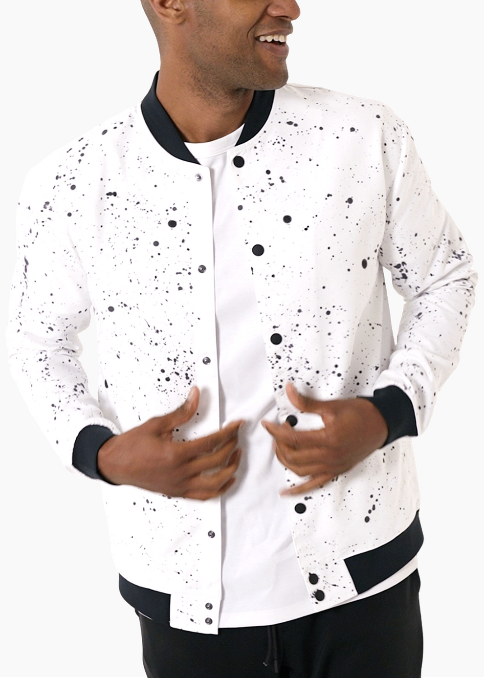 Men's lightweight bomber jacket with snaps, white paint splatter ...